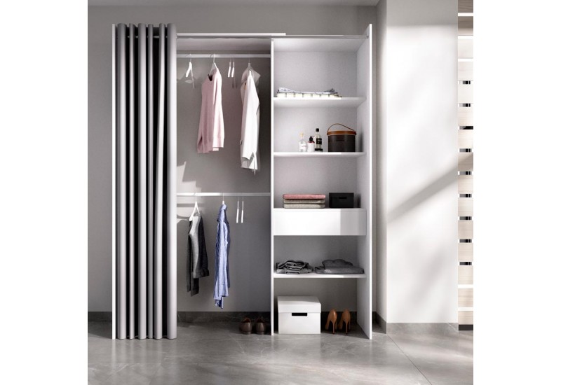 KIT VESTIDOR ABIERTO CON CORTINA + CAJÓN + 2 BARRAS Y ESTANTES
